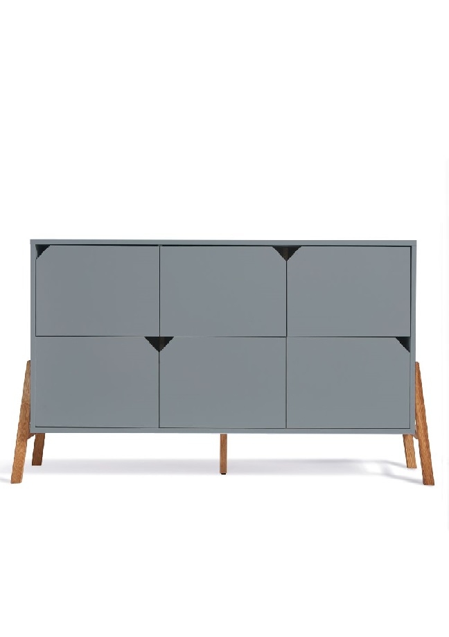 Comoda 6 sertare, PAL cu picioare din lemn de stejar, Gri, stil ...